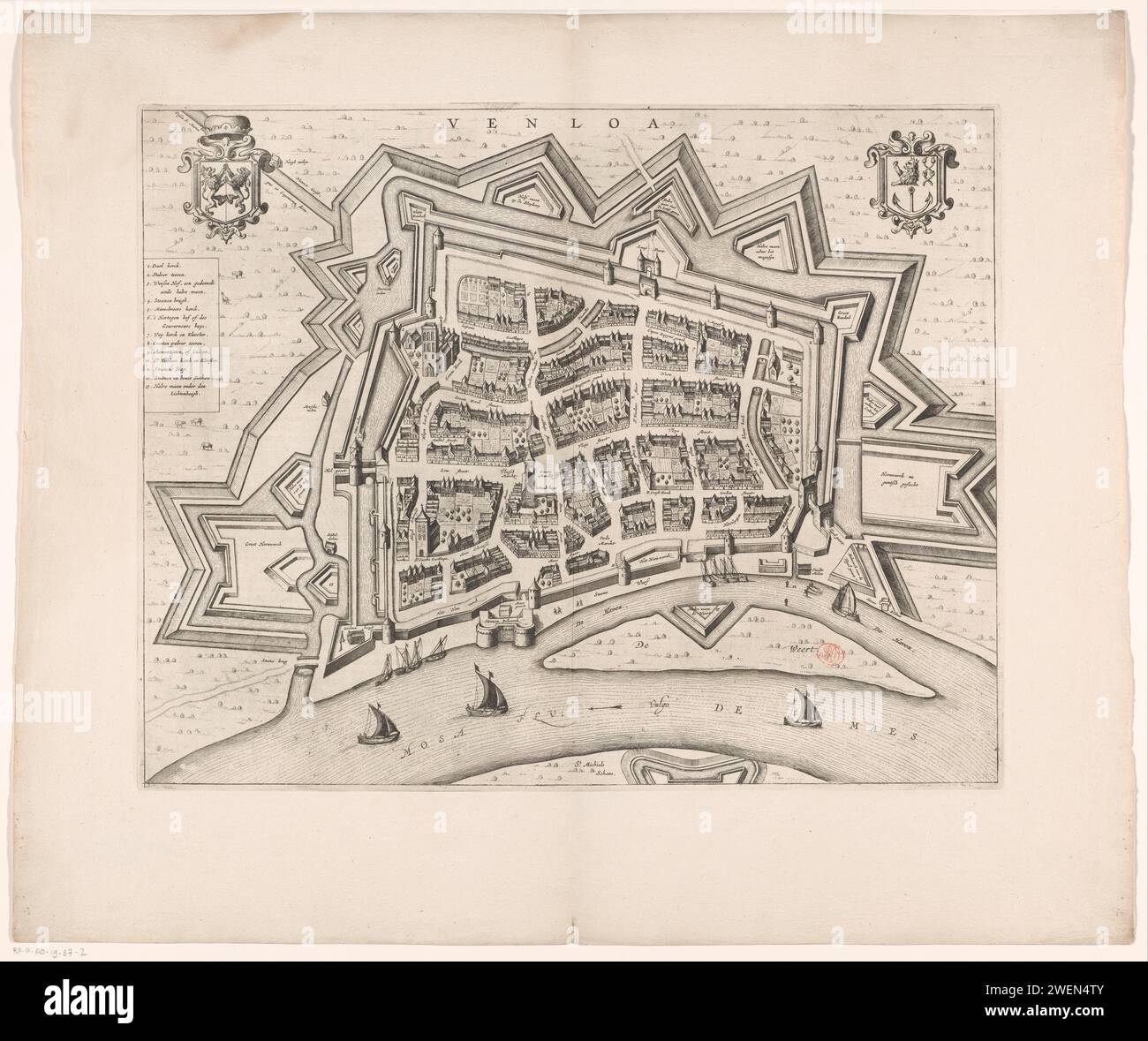 Map of Venlo, Anonymous, 1652 print Map of Venlo with buildings in a nutshell perspective. Above ...