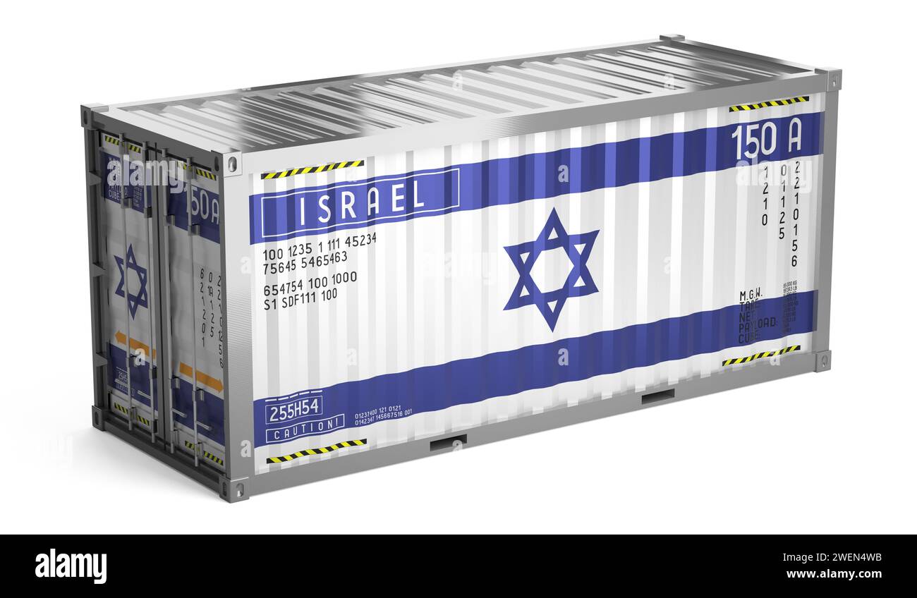 Freight shipping container with national flag of Israel on white ...