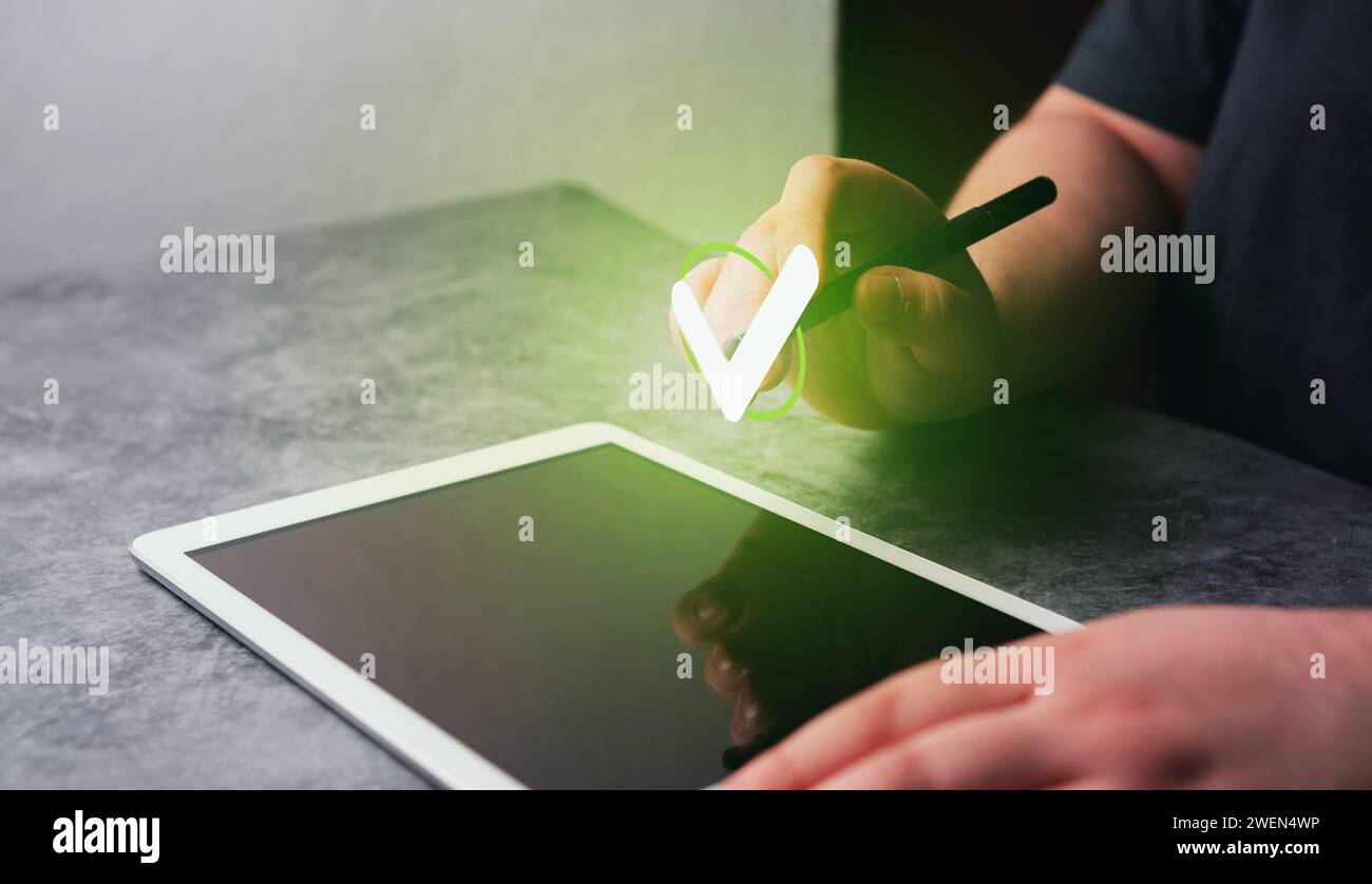 Woman use digital tablet for quality management control. QA and Quality ...