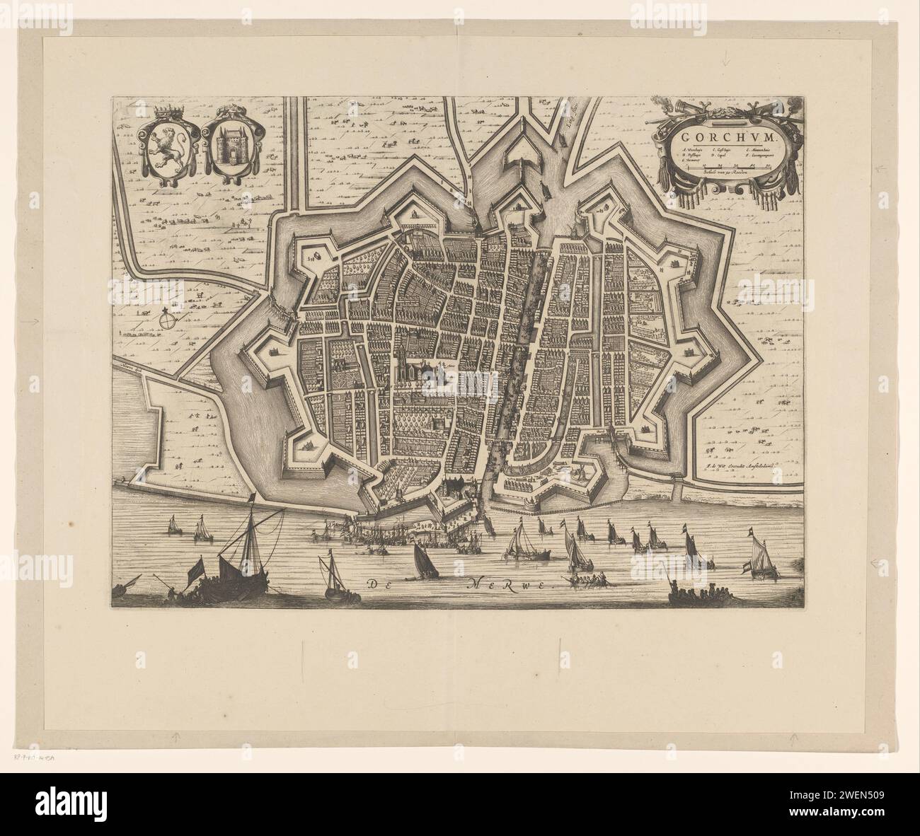 Map of Gorinchem, Anonymous, c. 1700 - 1728 print Map in a nutshell perspective. At the top left ...