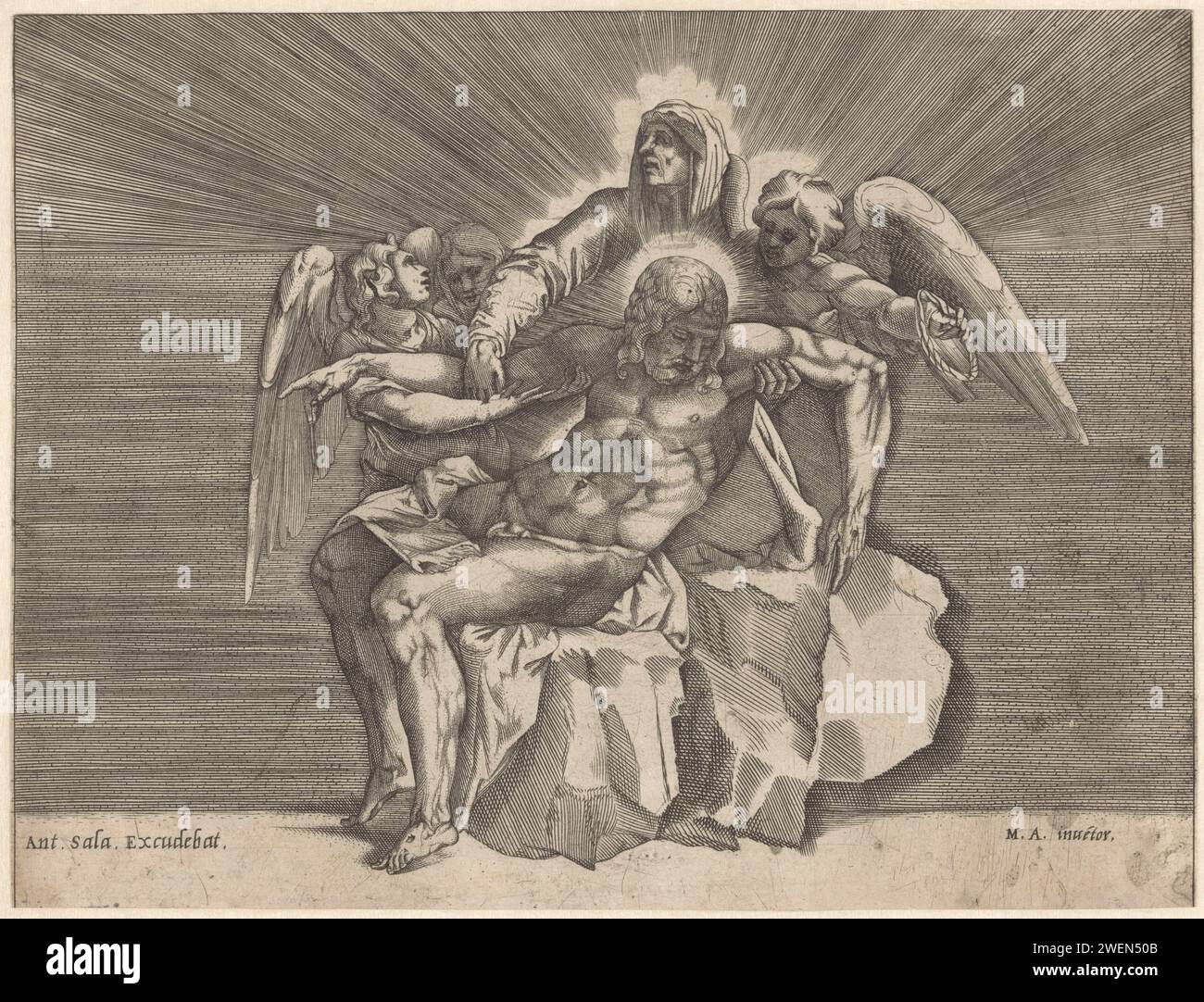 Pieta, Giulio Sanuto, After Michelangelo, 1540 - 1562 print Maria with ...