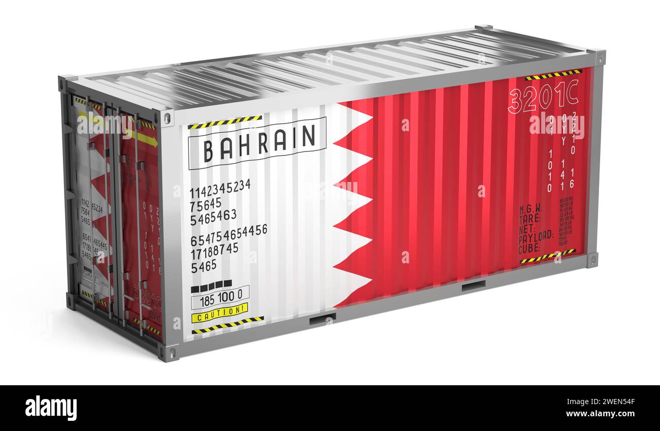 Freight shipping container with national flag of Bahrain on white ...