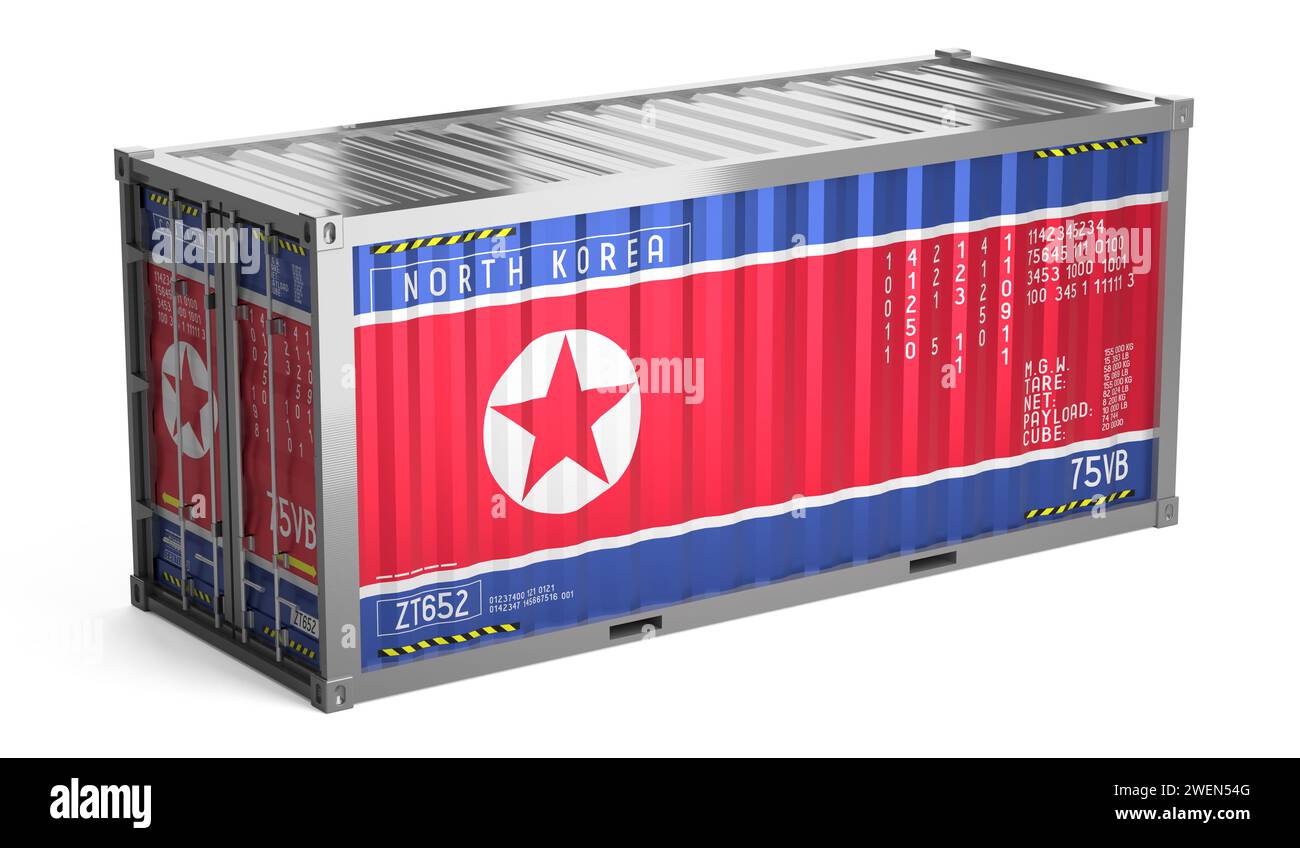 Freight shipping container with national flag of North Korea on white ...