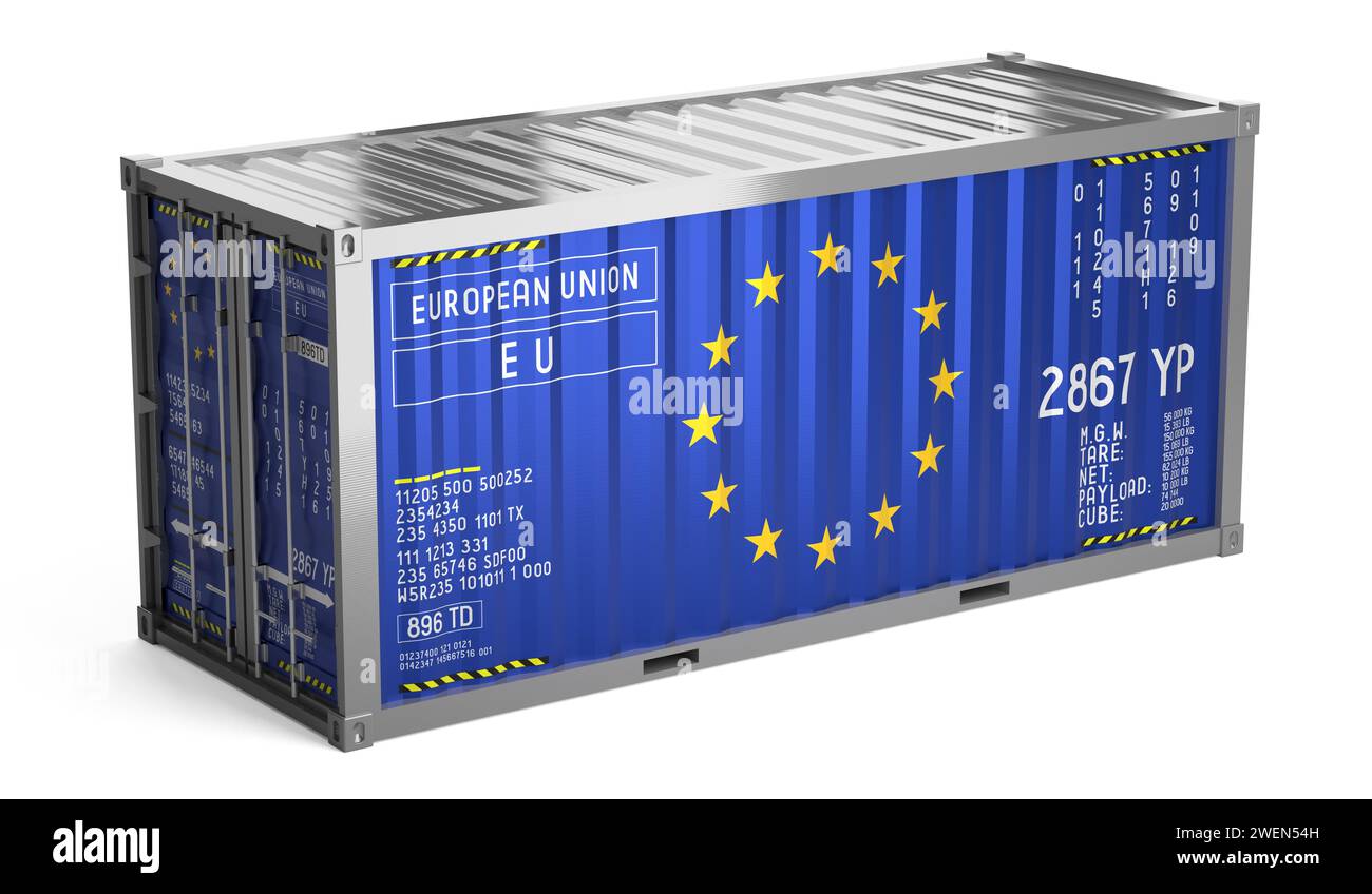 Freight shipping container with flag of European Union on white ...