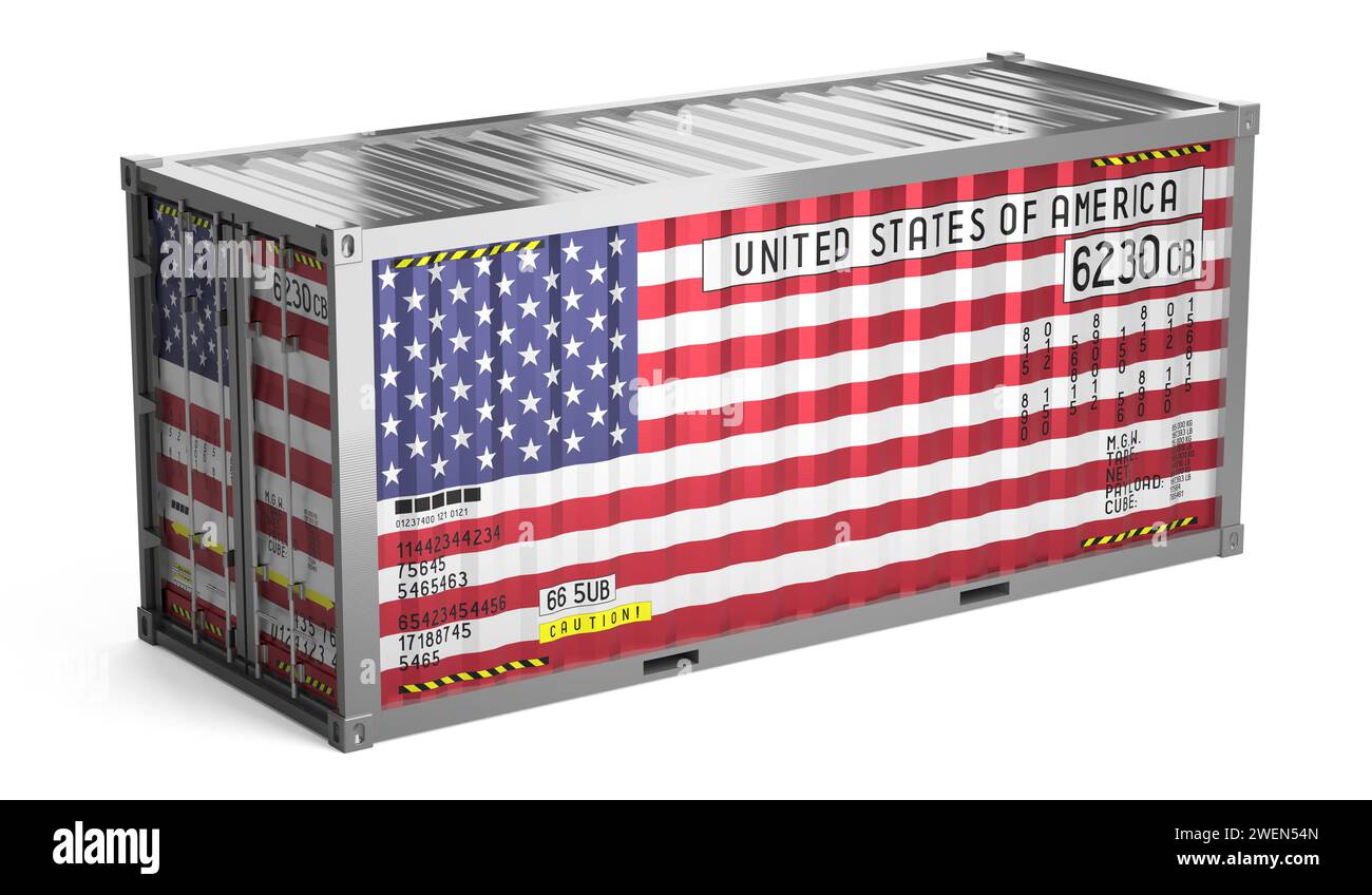 Freight shipping container with national flag of USA on white ...