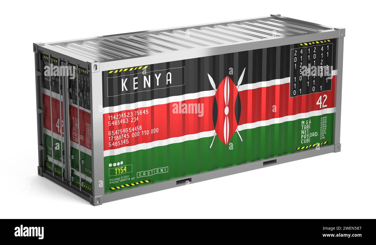 Freight shipping container with national flag of Kenya on white ...