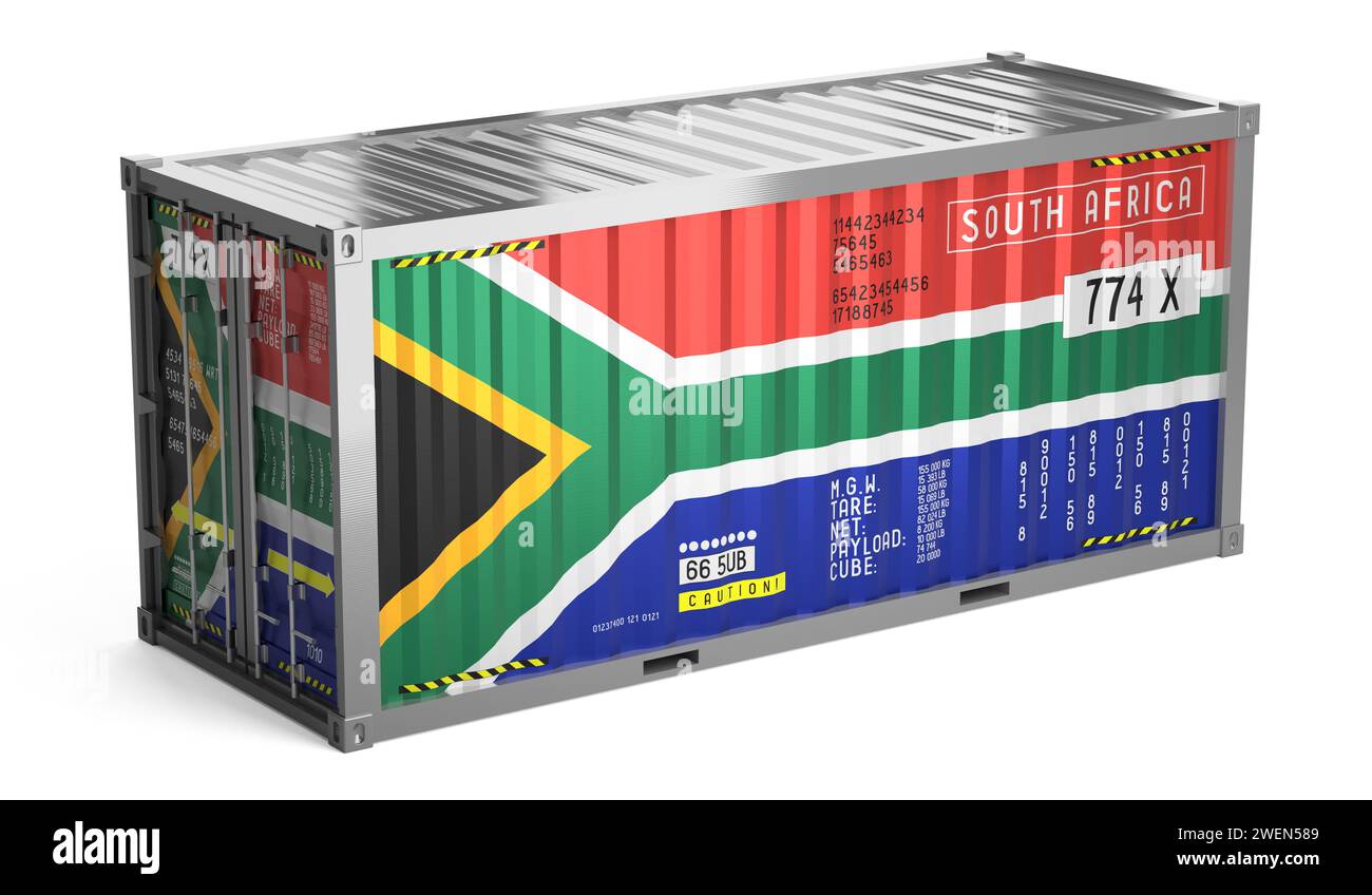Freight shipping container with national flag of South Africa on white ...
