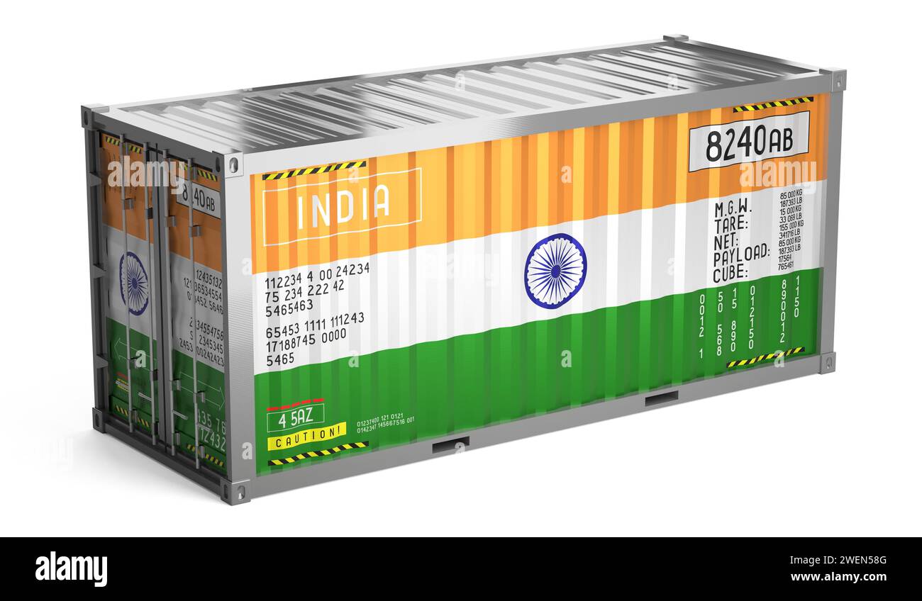Freight shipping container with national flag of India on white ...