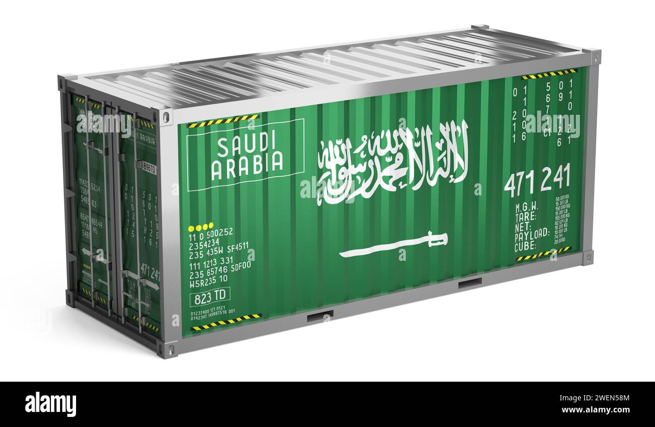 Freight shipping container with national flag of Saudi Arabia on white ...