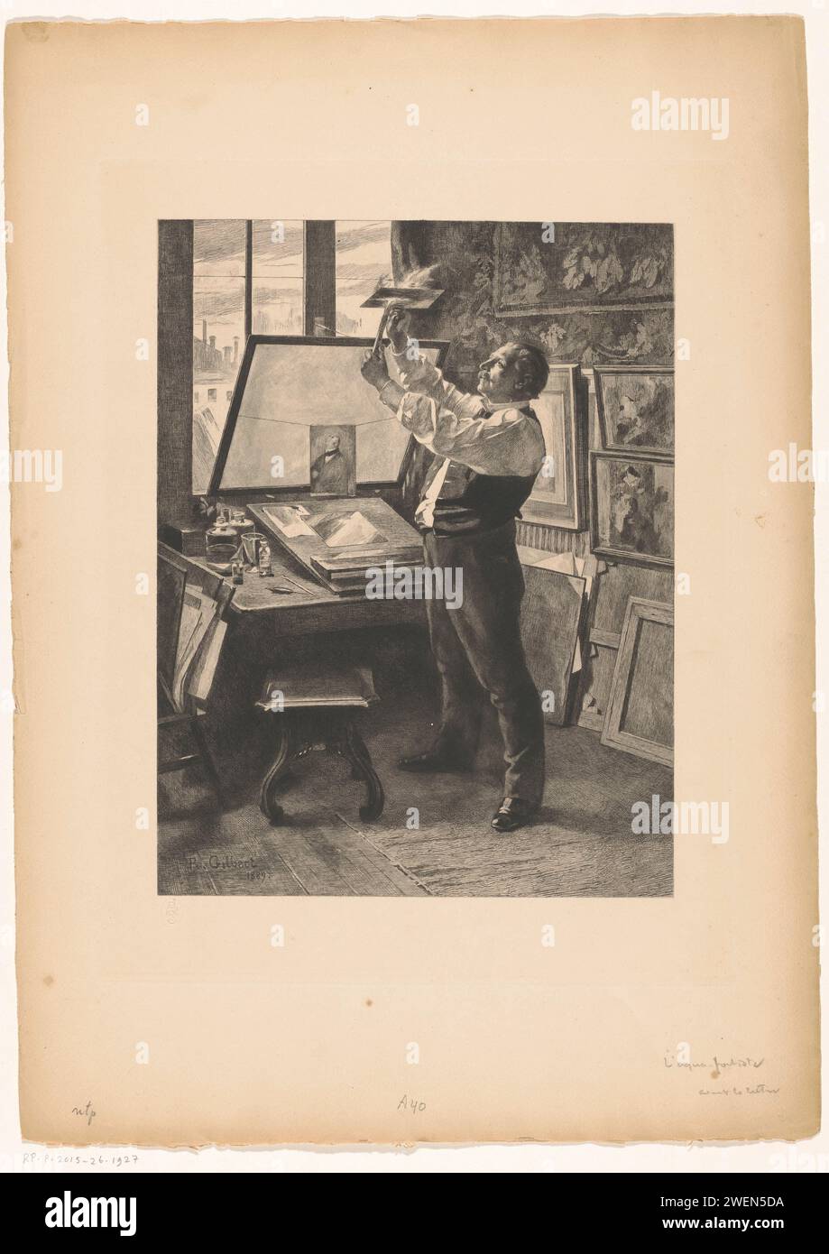 Print maker in his studio, Achille Isidore Gilbert, after René Joseph ...