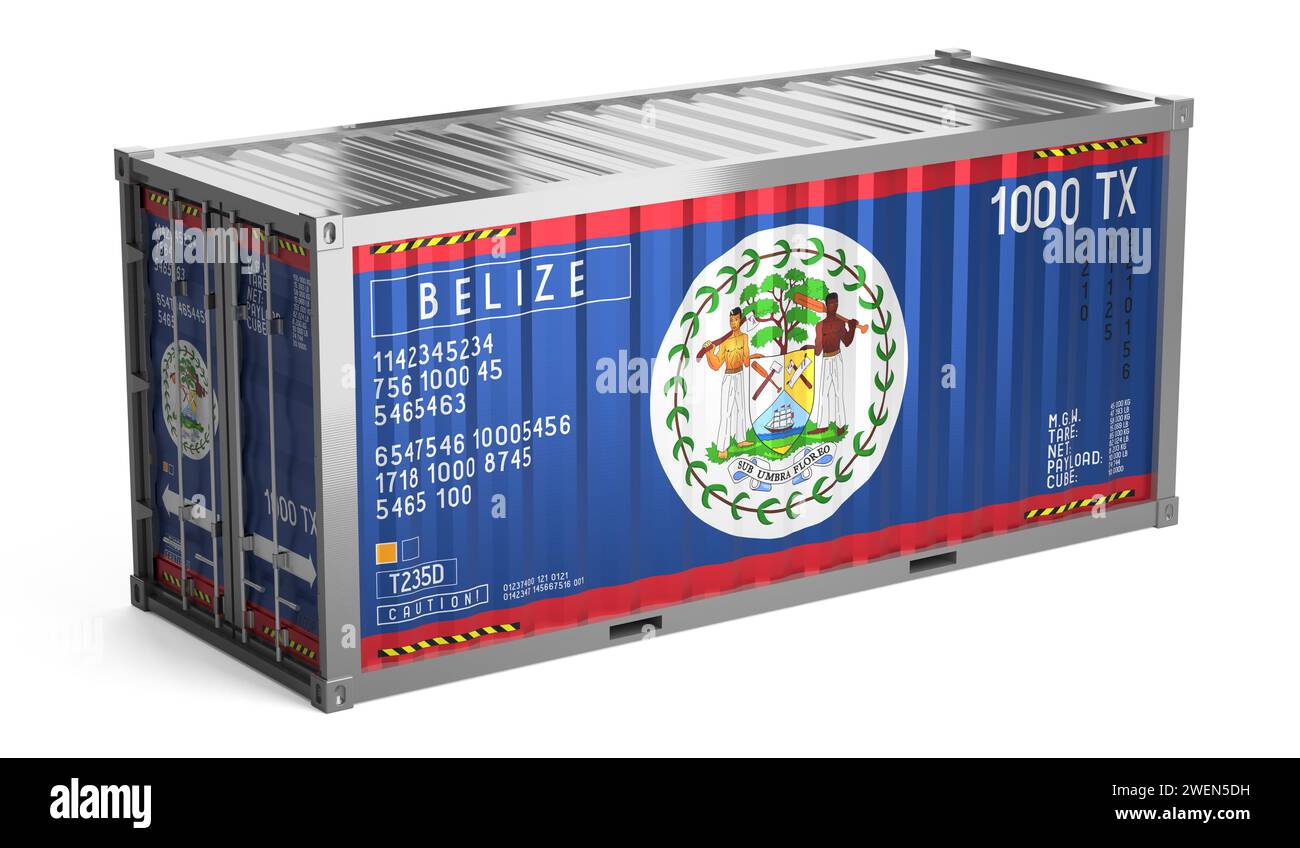 Freight shipping container with national flag of Belize on white ...