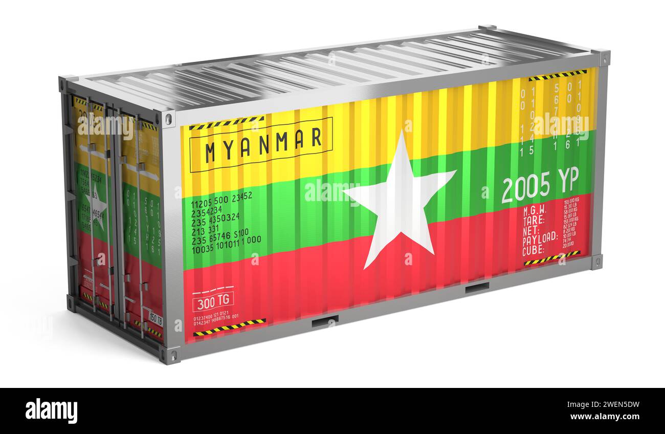 Freight shipping container with national flag of Myanmar on white ...