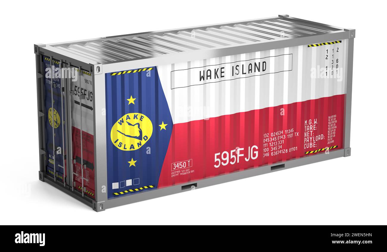 Freight shipping container with national flag of Wake Island on white ...