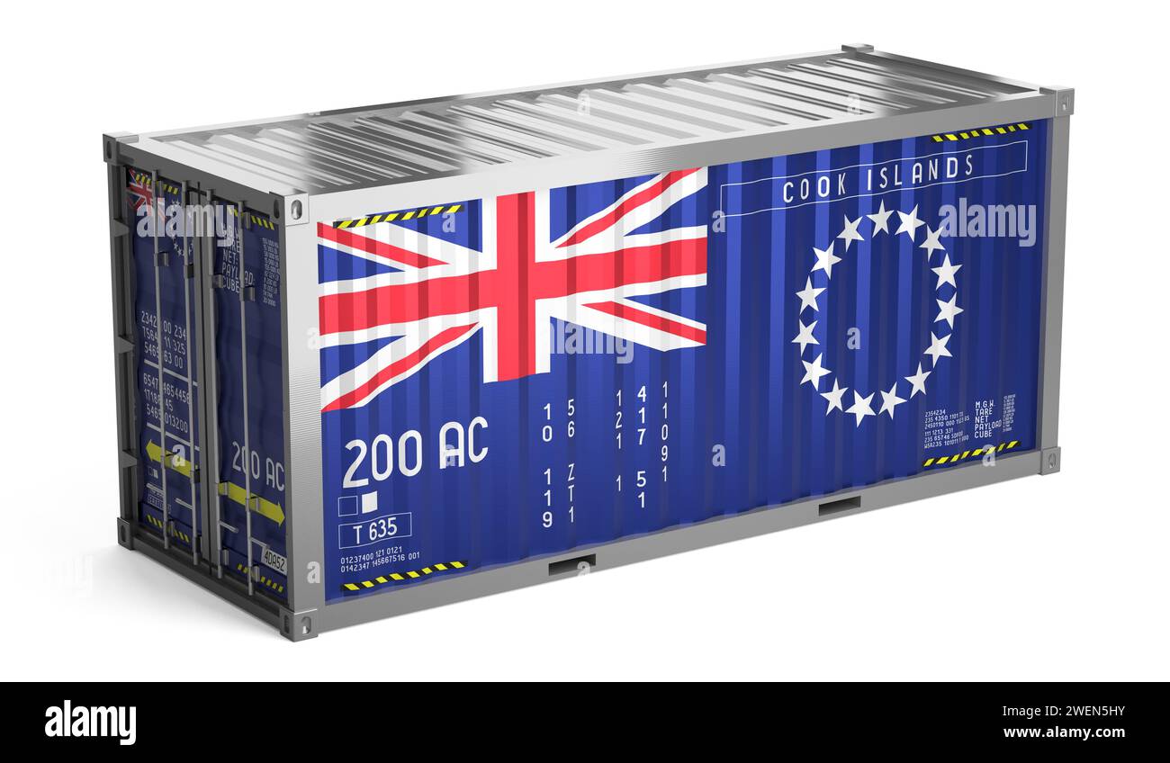 Freight shipping container with national flag of Cook Islands on white ...