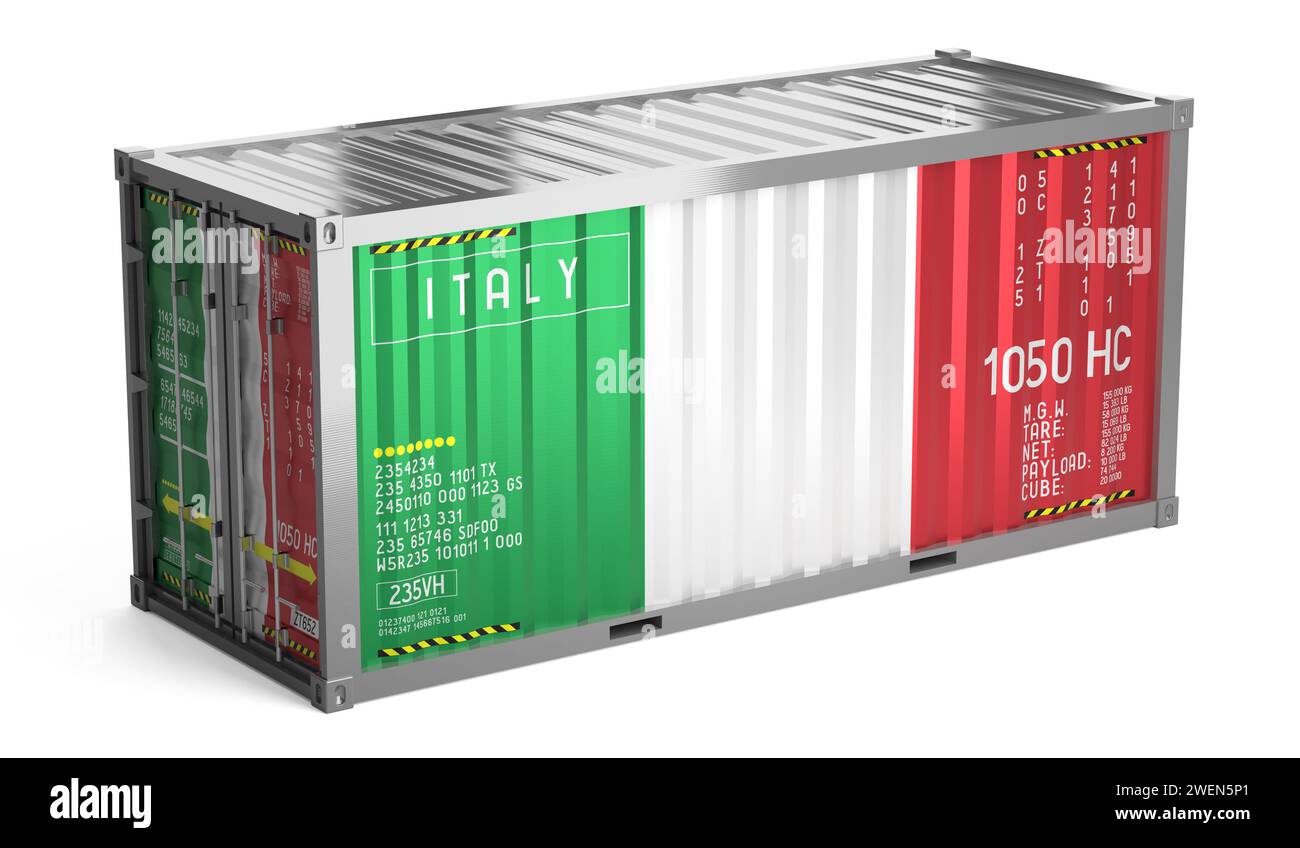 Freight shipping container with national flag of Italy on white ...
