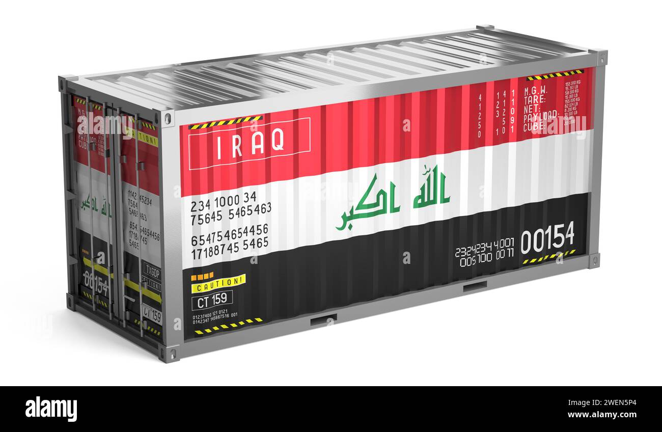 Freight shipping container with national flag of Iraq on white ...