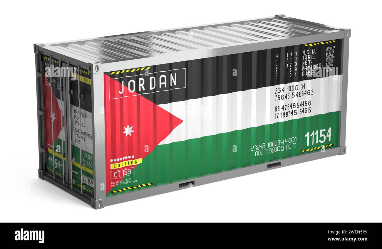 Freight shipping container with national flag of Jordan on white ...