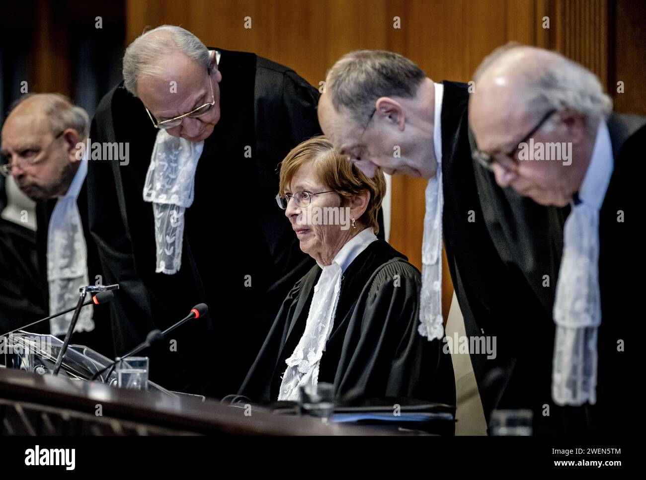 THE HAGUE - President Donoghue (2nd L) and other judges during a ruling ...