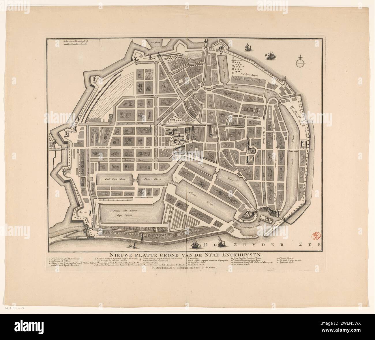 Map of Enkhuizen, Anonymous, 1726 - 1766 print At the top left a bowl: Schale of 50 Rhylantse ...