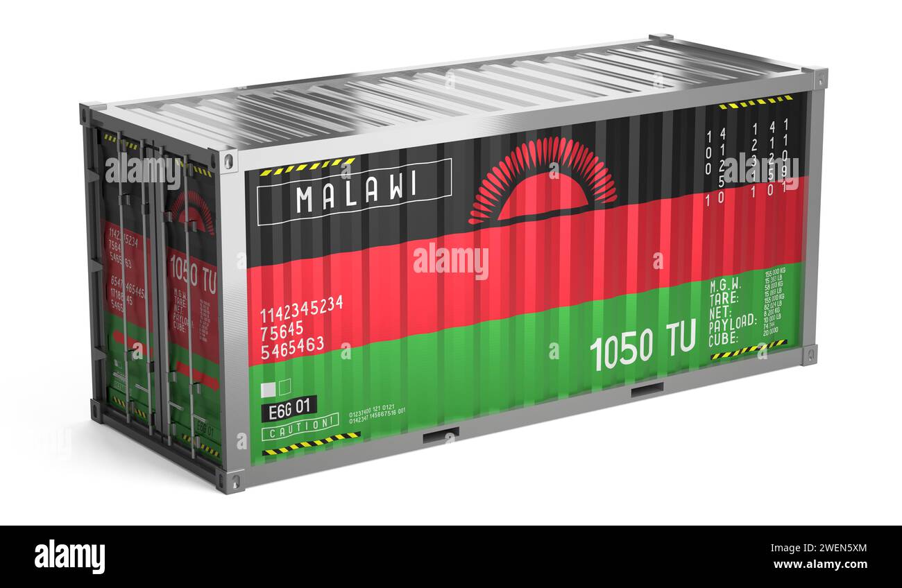 Freight shipping container with national flag of Malawi on white ...