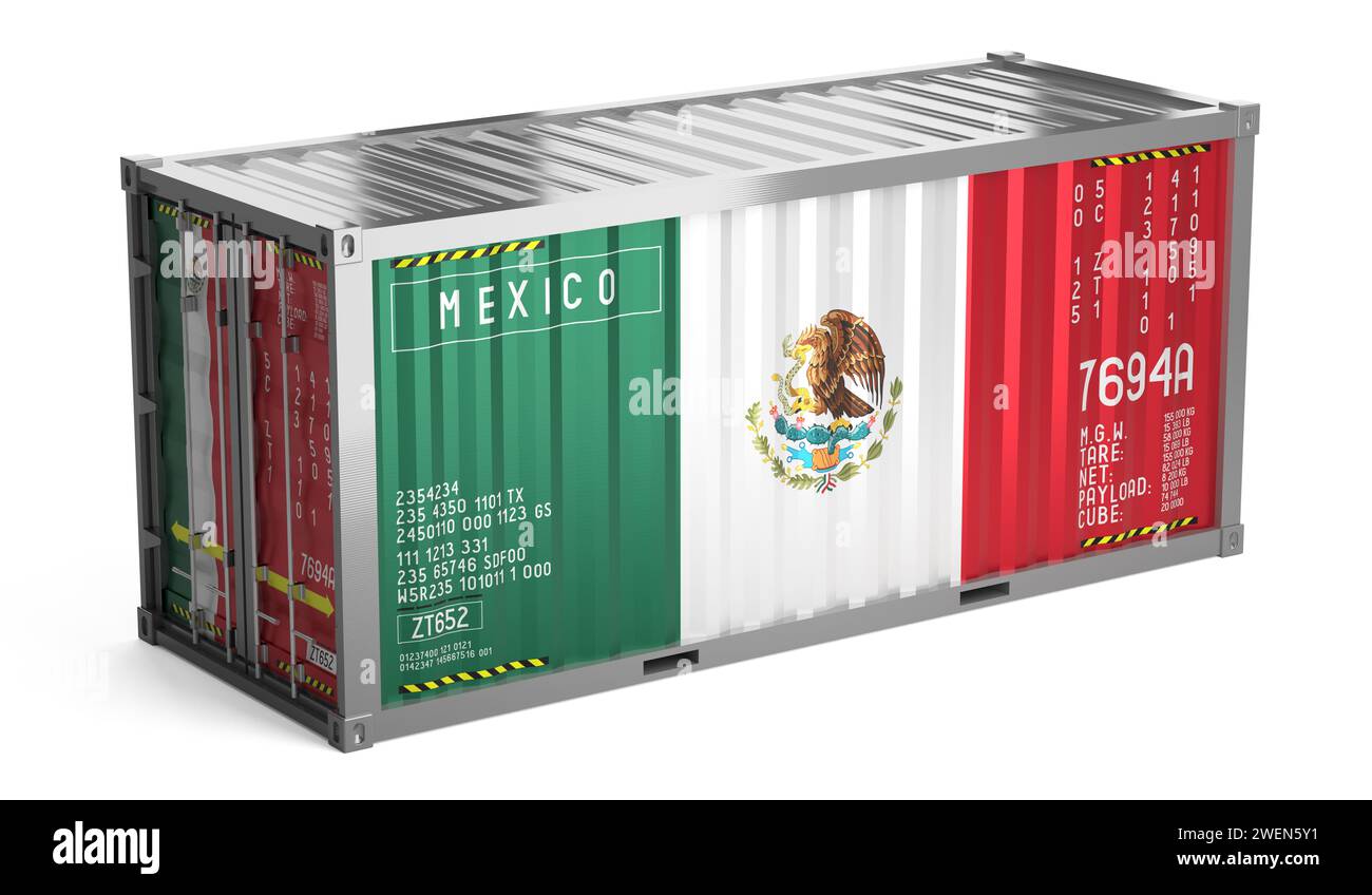 Freight shipping container with national flag of Mexico on white ...