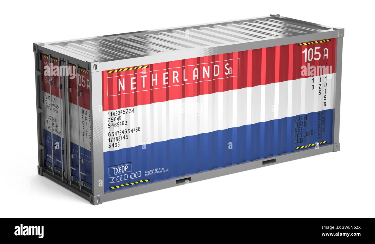 Freight shipping container with national flag of Netherlands on white ...