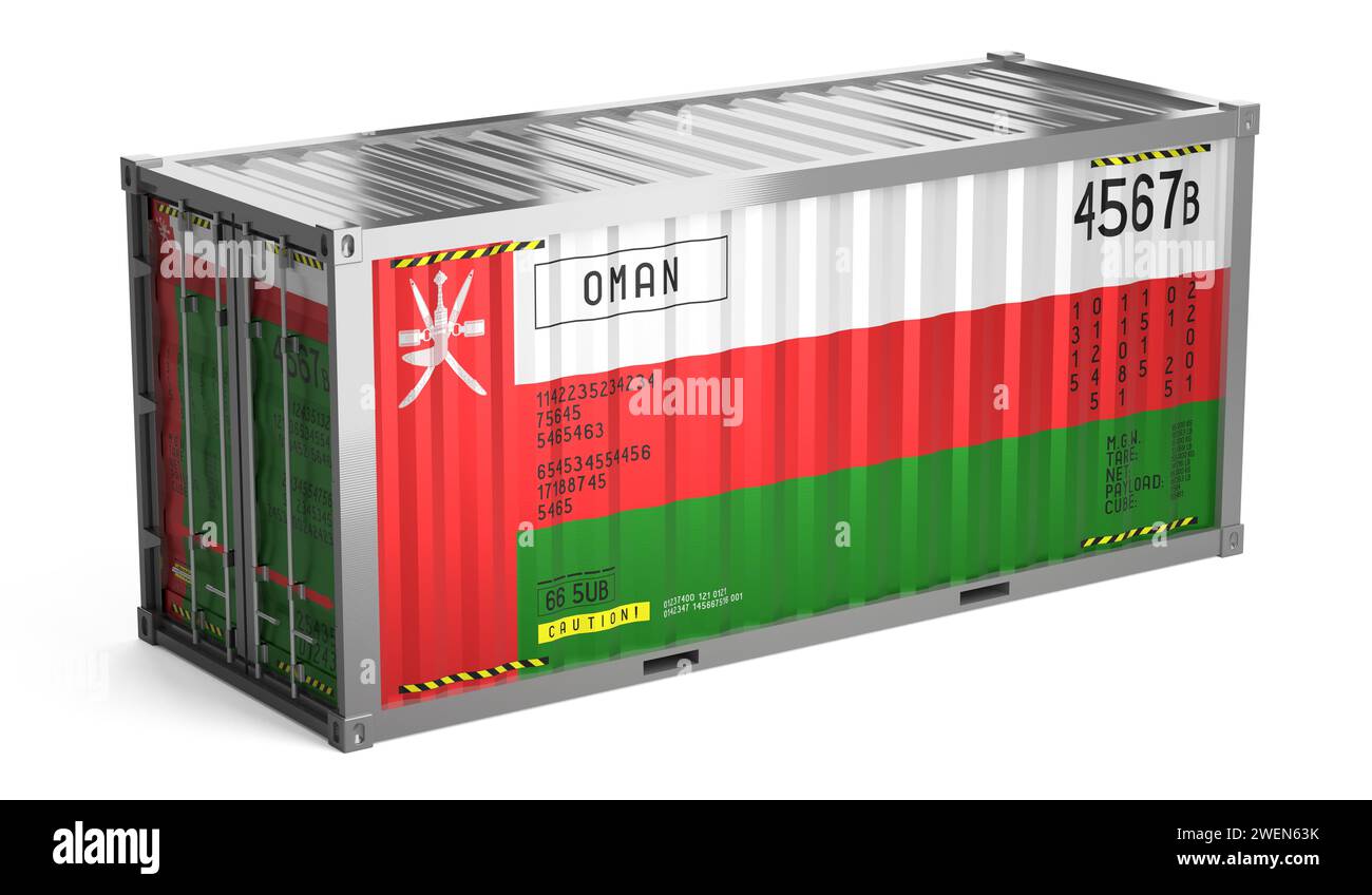 Freight shipping container with national flag of Oman on white ...