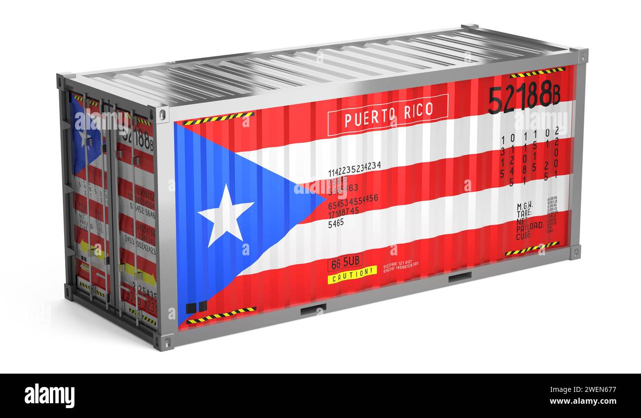 Freight shipping container with national flag of Puerto Rico on white ...