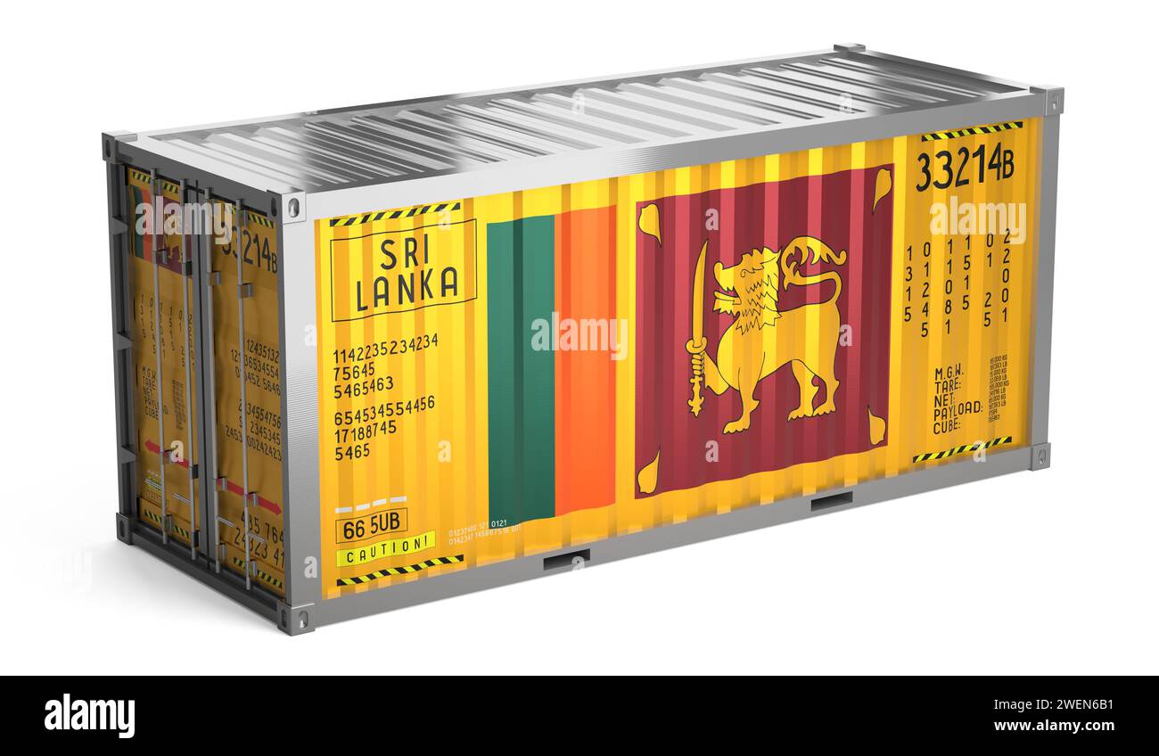 Freight shipping container with national flag of Sri Lanka on white background - 3D illustration ...