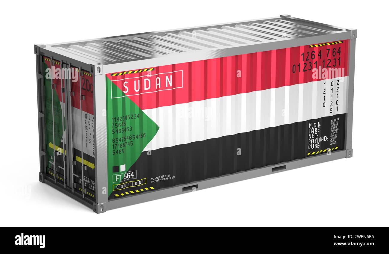 Freight shipping container with national flag of Sudan on white background - 3D illustration ...