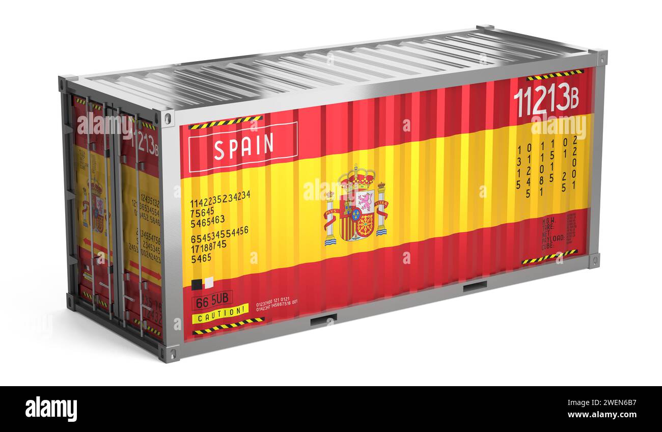 Freight shipping container with national flag of Spain on white ...