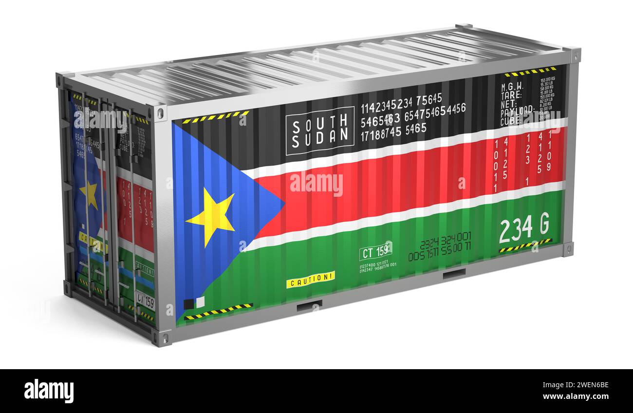 Freight shipping container with national flag of South Sudan on white background - 3D ...
