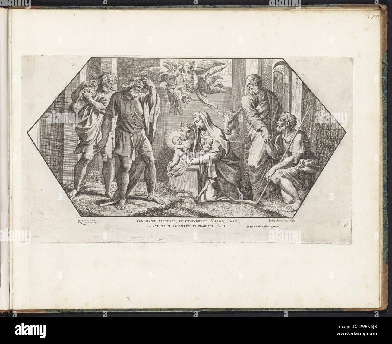 Adoration by the Shepherds, Pietro Aquila, After Rafaël, 1675 print In a brick stable, the ...