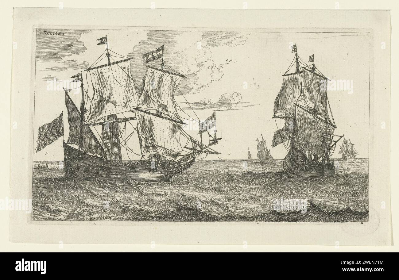 Two large sailing ships with flags, Reinier Nooms, 1652 print Two flute ...