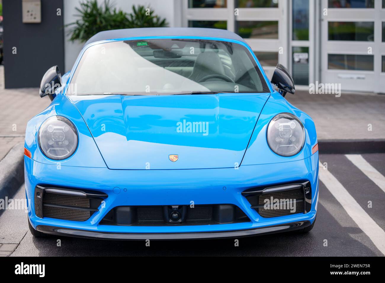 Miami, FL, USA - January 25, 2024: Stock image Blue Porsche car front ...