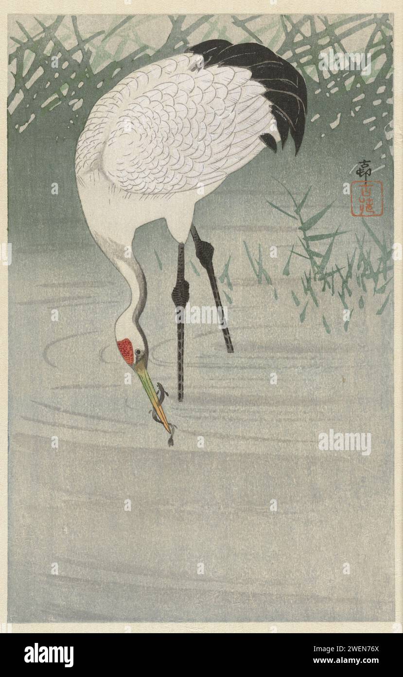 Fishing crane in shallow water, 1900 - 1945 print paper color woodcut ...