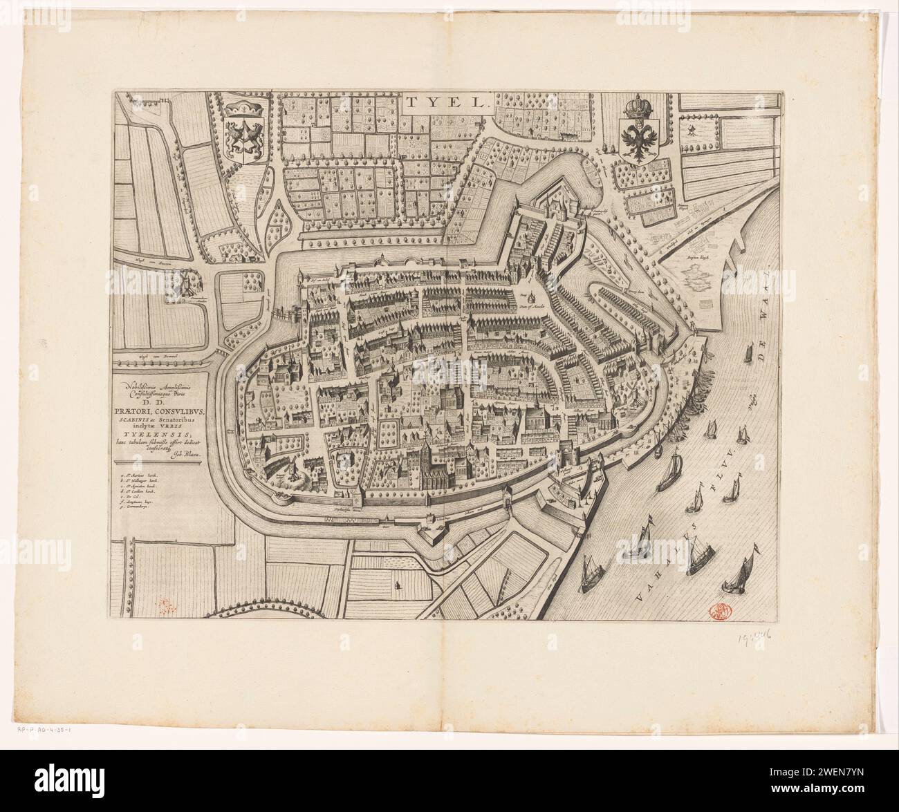 Map of Tiel, Anonymous, 1652 print Map in a nutshell perspective. At the top left the Wapen van ...