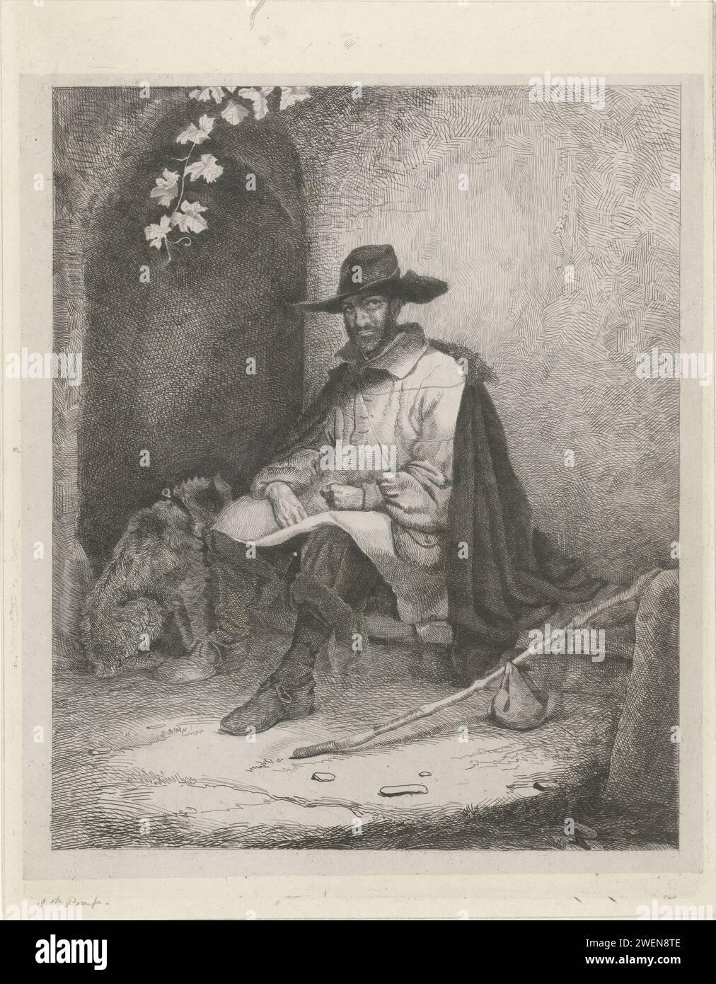 Resting traveler, Jacobus Ludovicus Cornet, 1851 print A traveler in ...