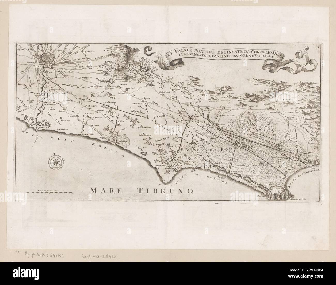 Kaart van de Pontijnse Moerassen, Giovanni Battista Fold, 1678 print ...