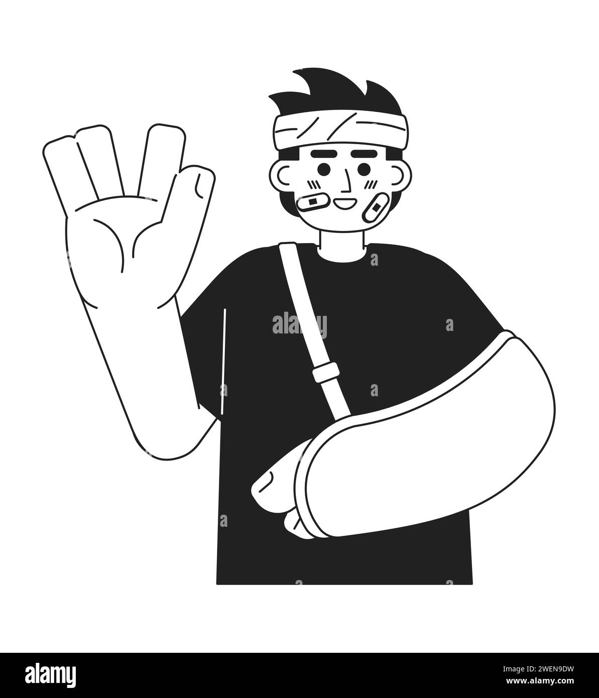 Bandage wrapped man cheerful with arm sling black and white cartoon ...