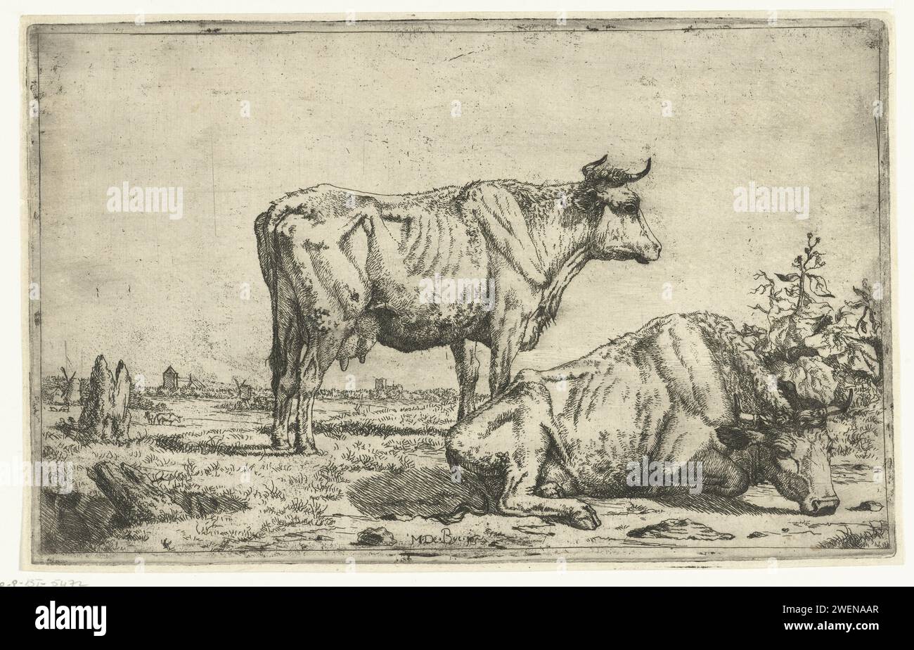 Standing and resting cow, and Profil, Marcus de Bye, 1657 print paper ...