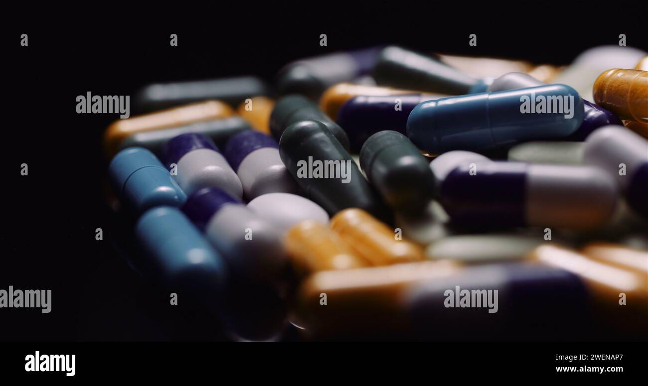 Various Medical Pills Drugs Black Background Pharmaceutical Industry ...