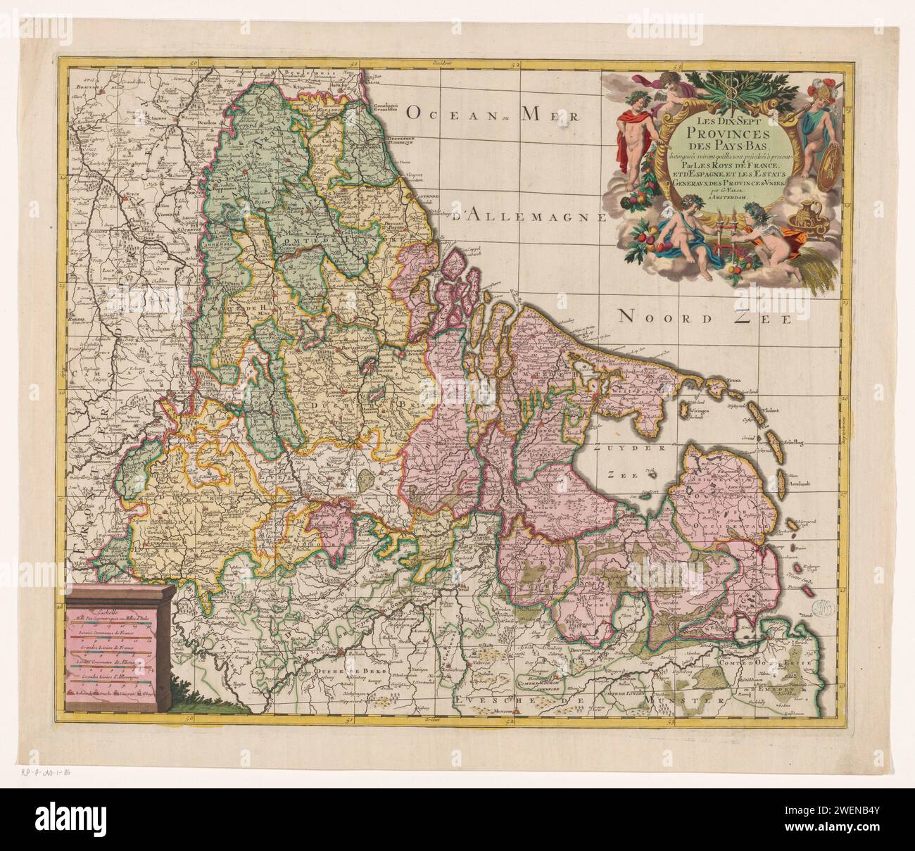 Map of the Seventeen Provinces, Before 1700 print Title Cartouche on the right with a number of ...