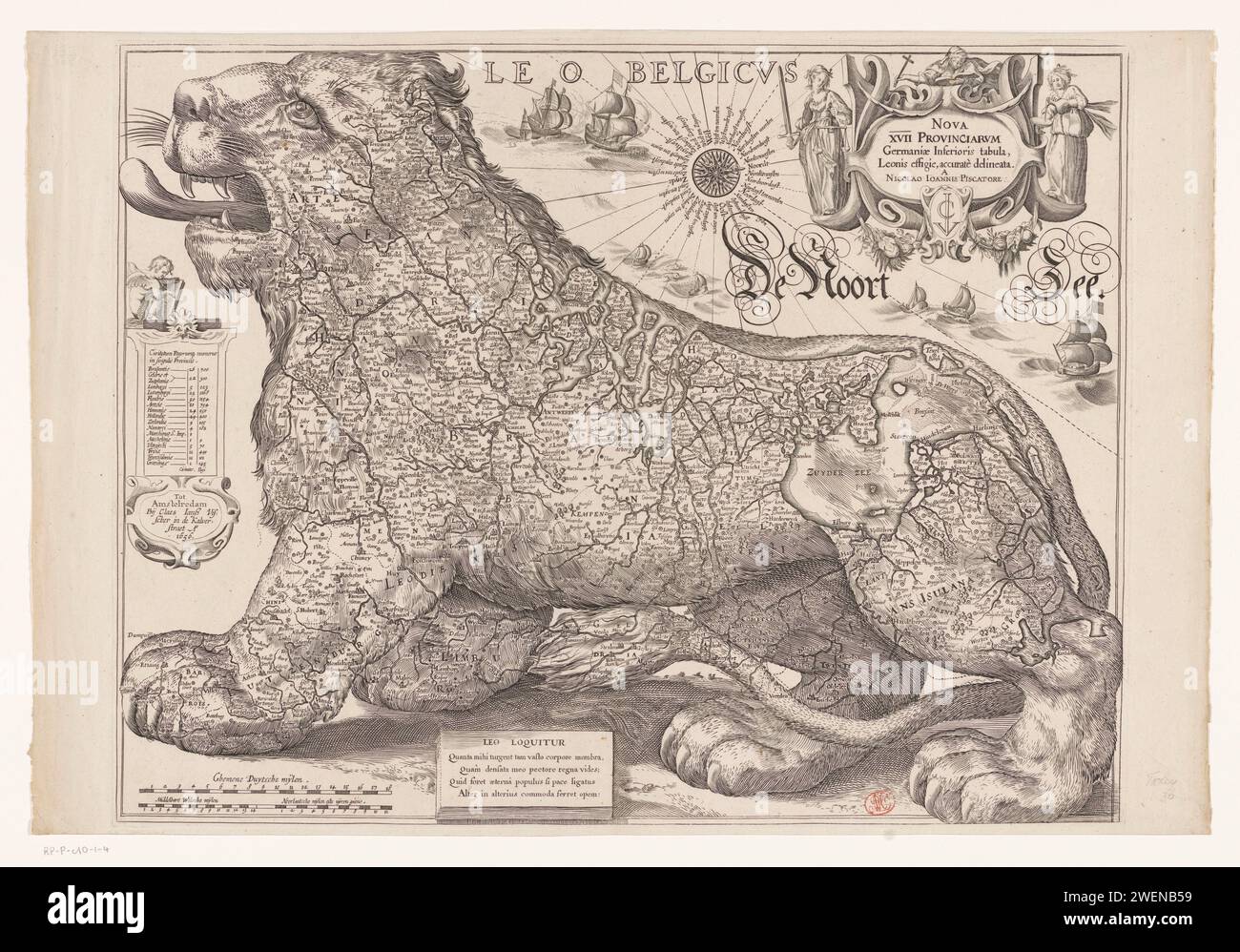 Map of the seventeen provinces in the form of the Netherlands Lion, Hessel Gerritsz, 1656 print ...