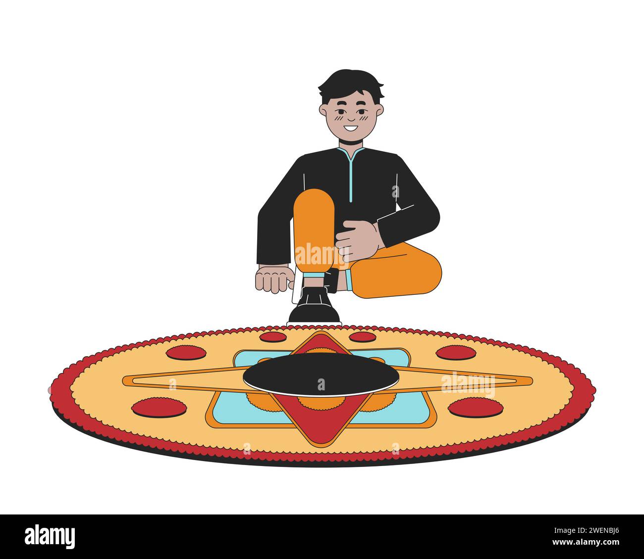 Young indian boy creating rangoli 2D linear cartoon character Stock ...