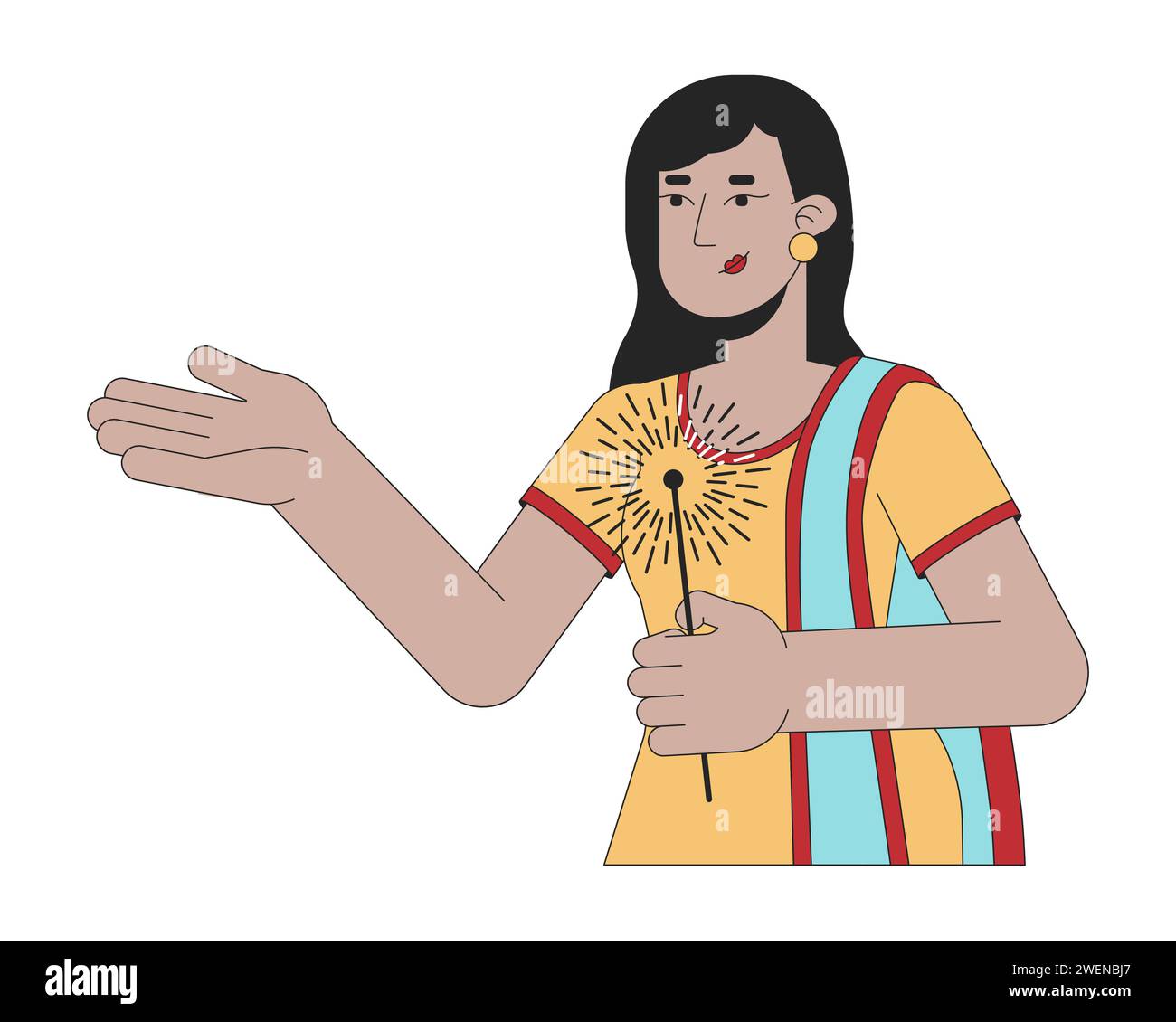 Saree indian lady holding sparkler 2D linear cartoon character Stock ...