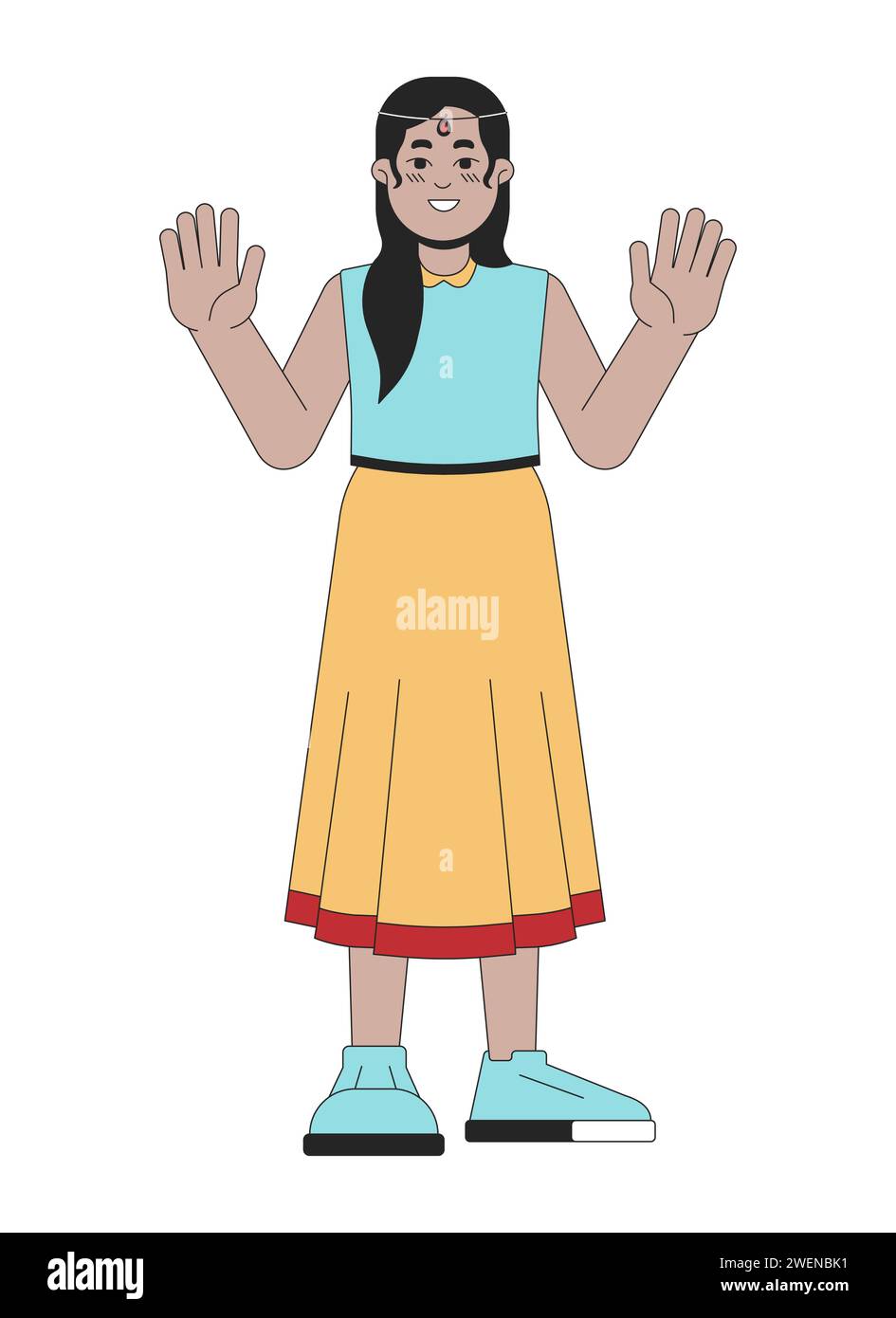Waving hands happy south asian girl ethnic 2D linear cartoon character ...