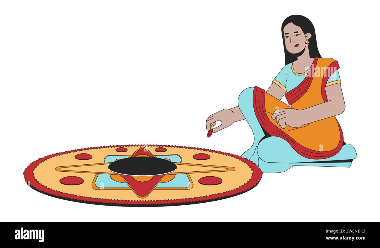 Young indian woman making muggu 2D linear cartoon character Stock ... Young indian woman making muggu 2D linear cartoon character Stock ...