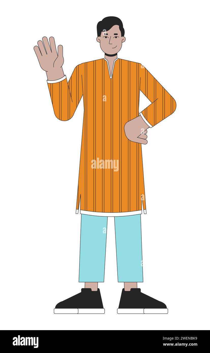 Tunic kurta young adult man waving hand 2D linear cartoon character ...
