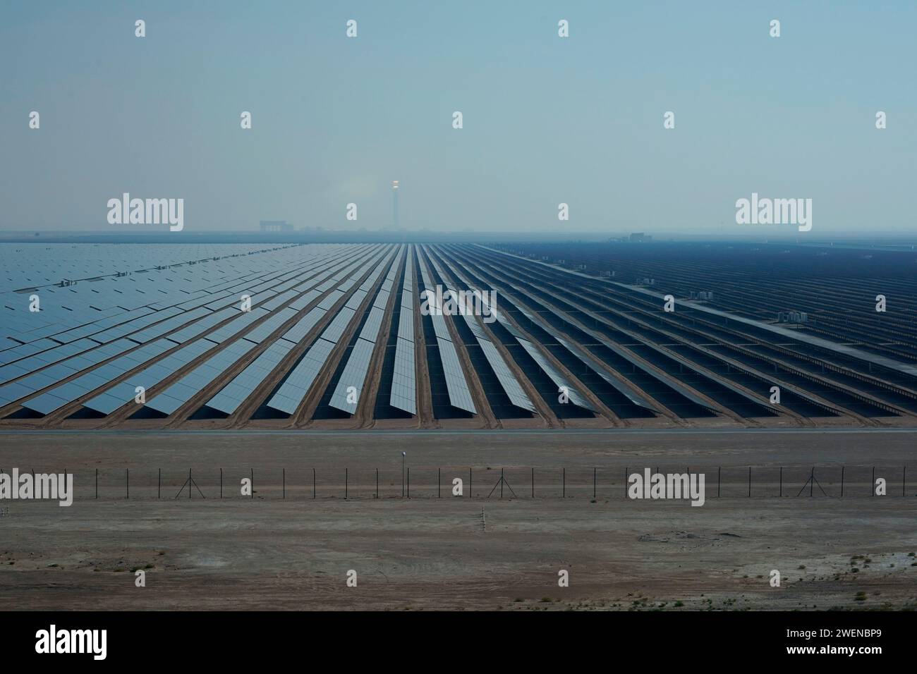 A solar tower operates at Mohammed bin Rashid Al Maktoum Solar Park as ...
